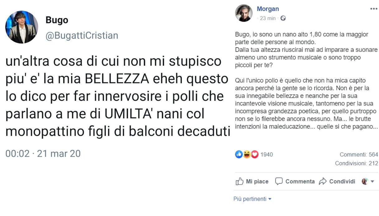 Bugo provoca Morgan: la replica del cantante su Facebook